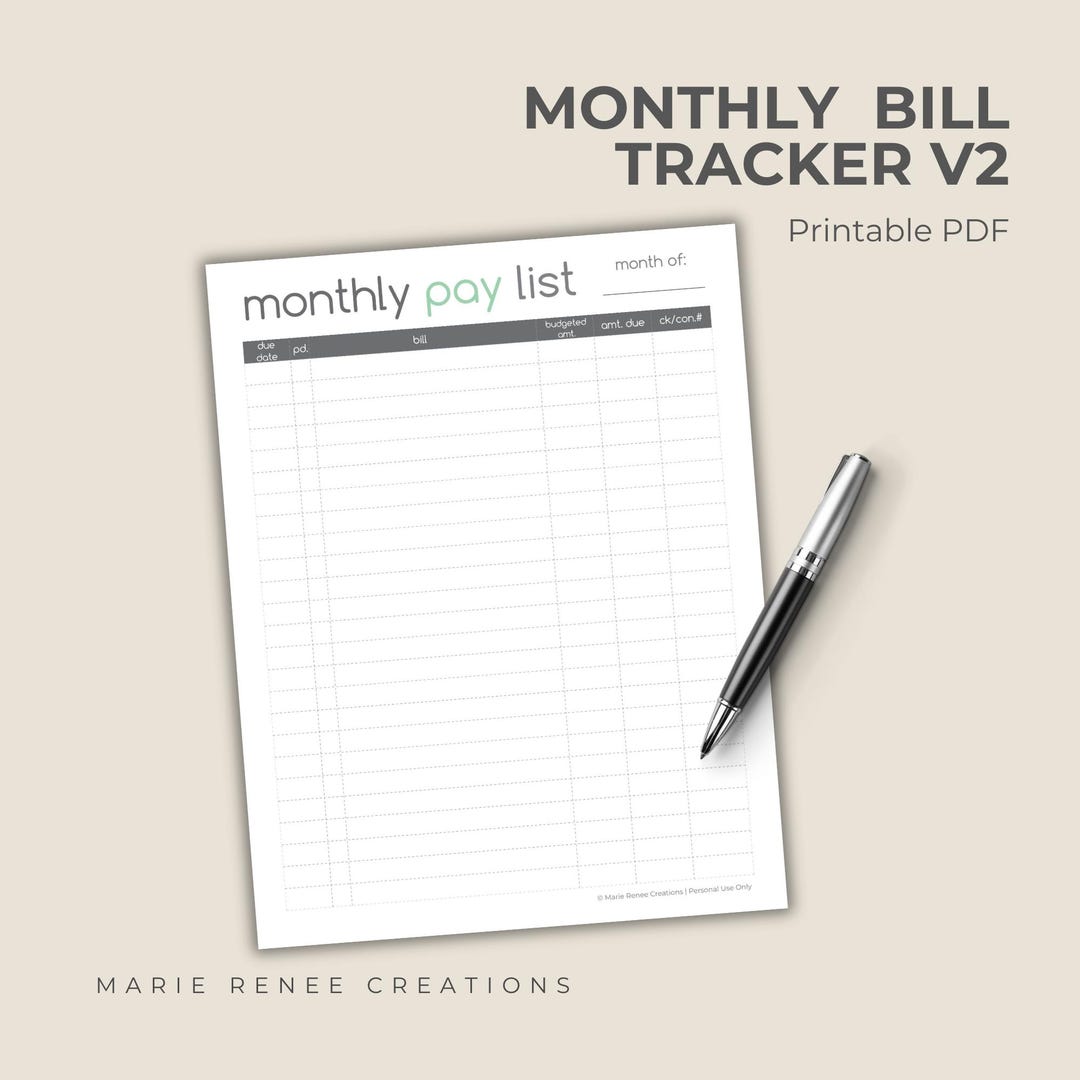 Monthly Pay List - Blank Bill Pay - Printable - Version 2 - Etsy