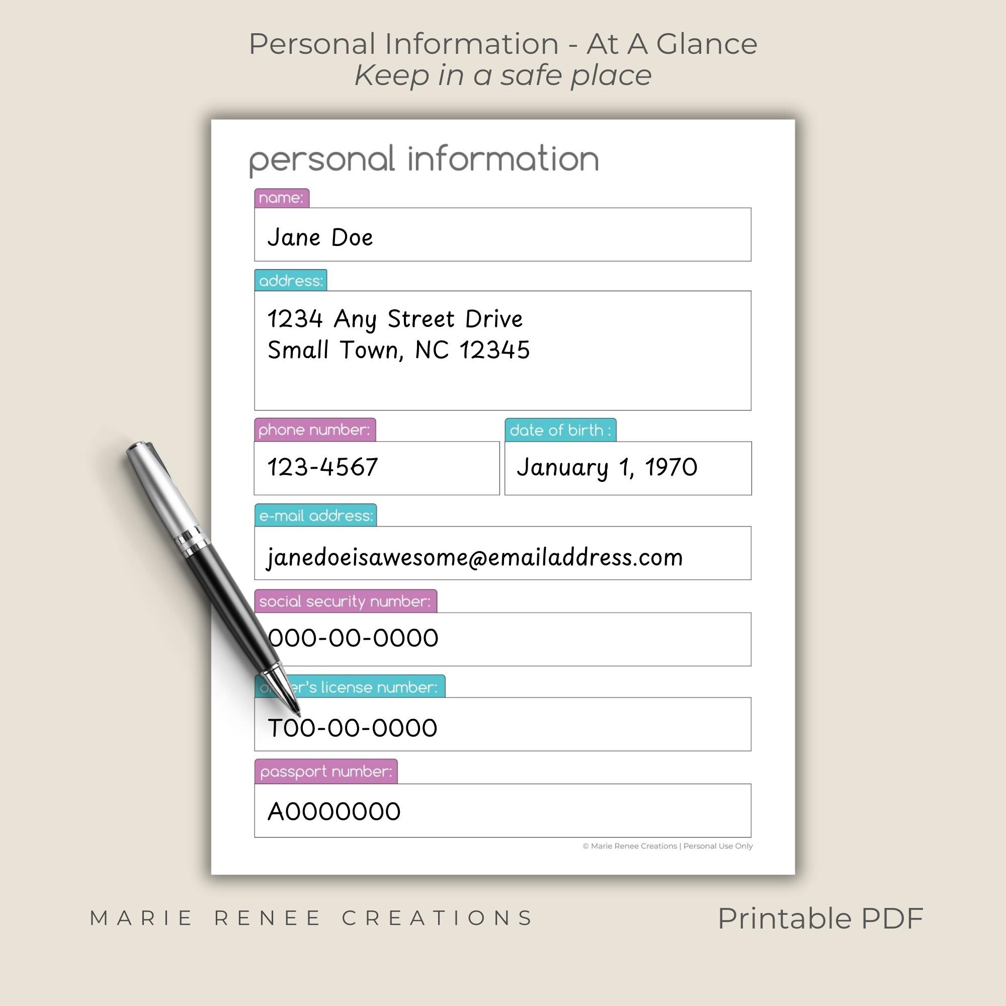 Personal Information Worksheet - Info Form Printable - Etsy