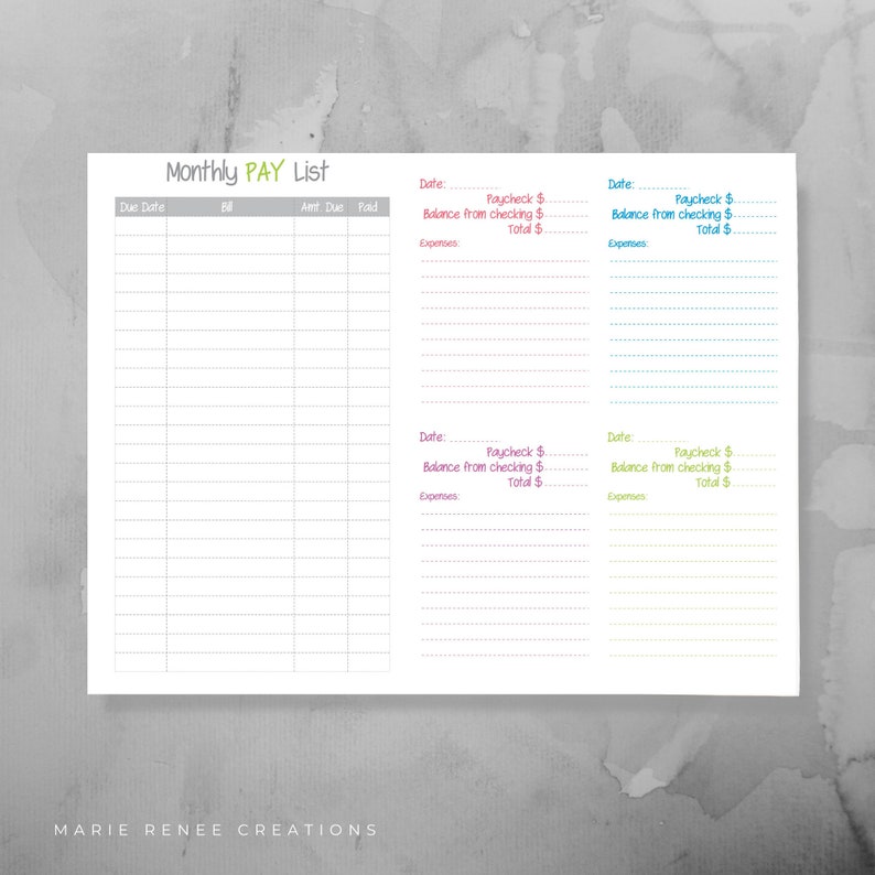 Monthly Pay List & Paycheck and Expenses - PLUS Bonus Half Page Size ...