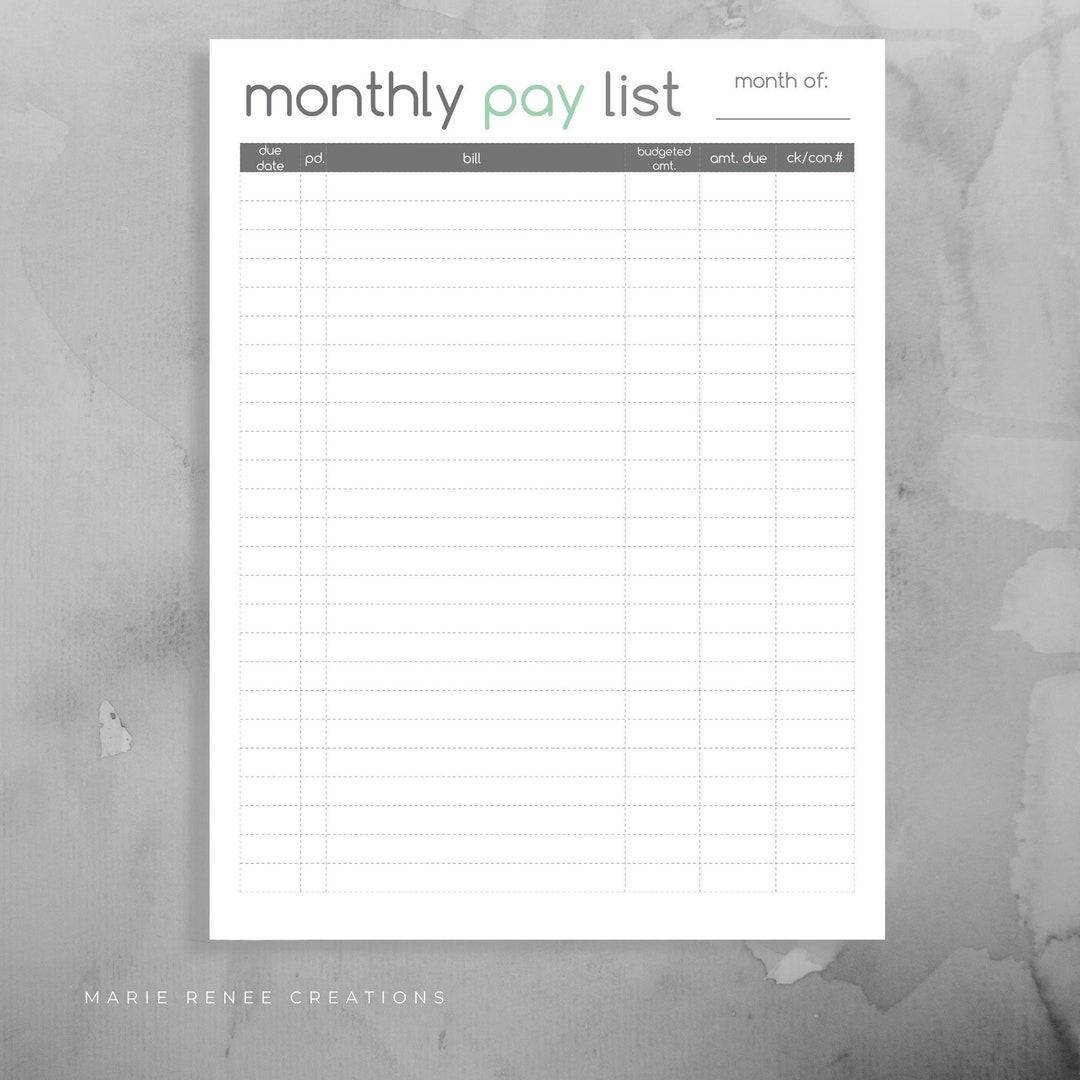 Monthly Pay List - Blank - Printable - Version 2 - Etsy
