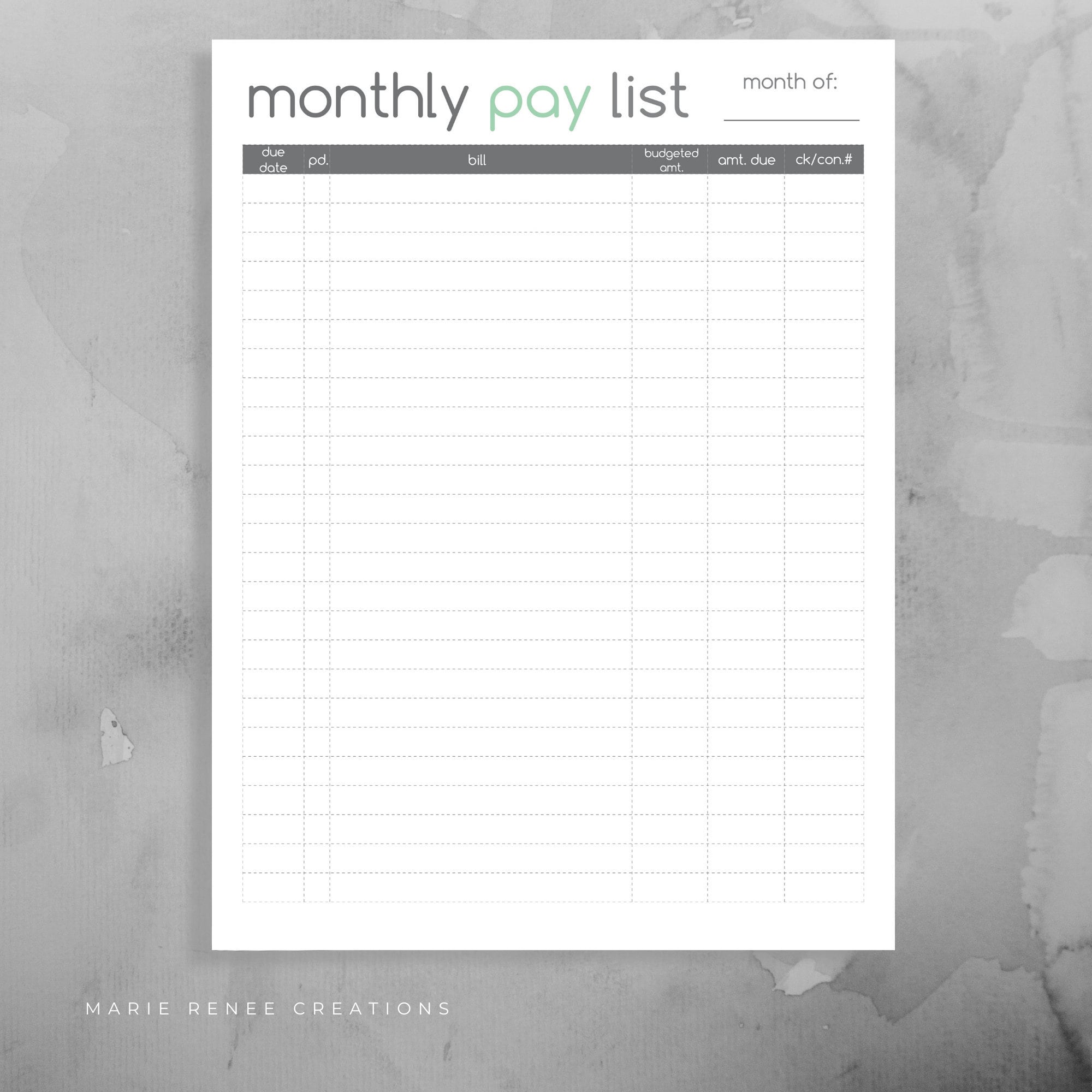 Monthly Pay List - Blank - Printable - Version 2 - Etsy