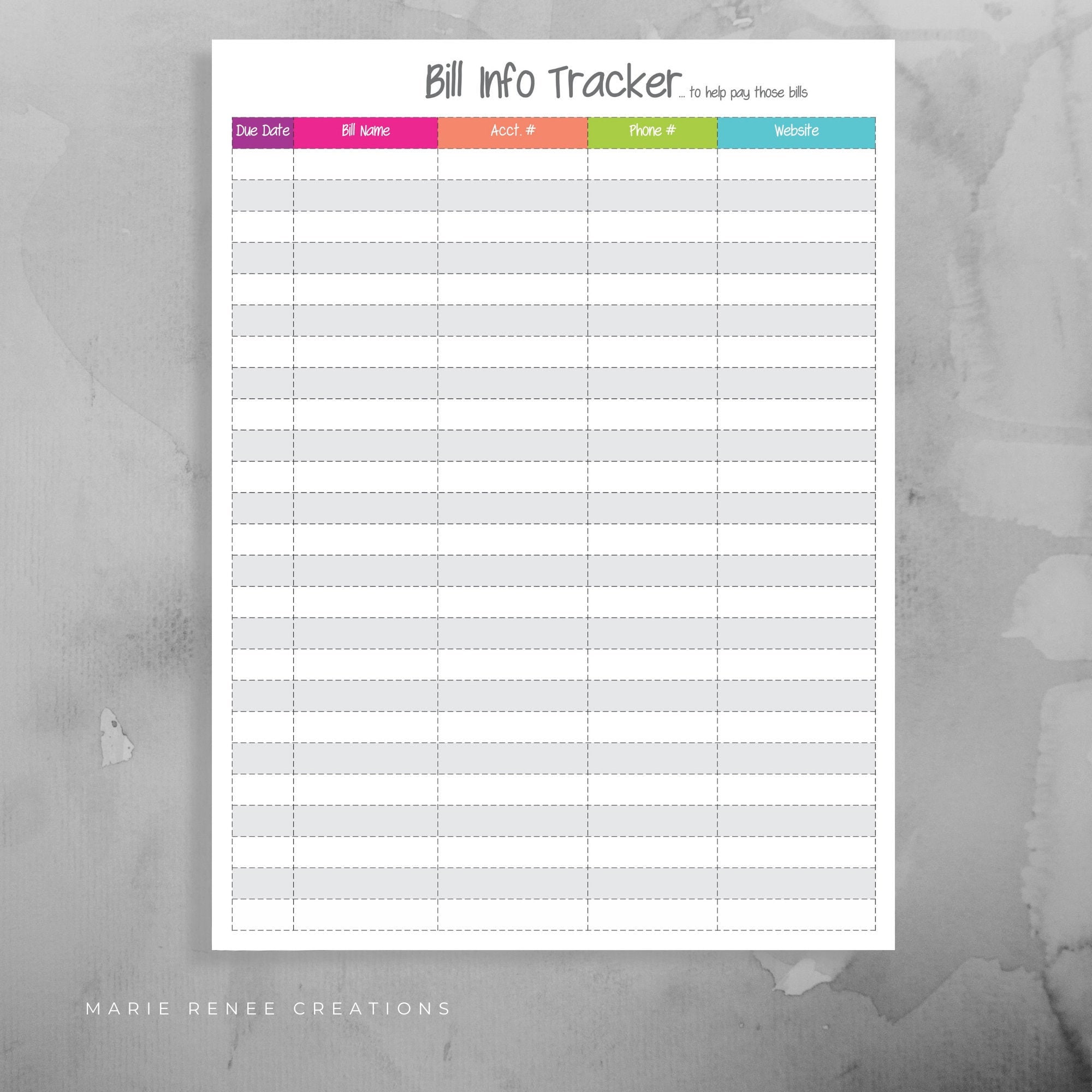 Bill Info Tracker Printable - Bill Organizer - Etsy