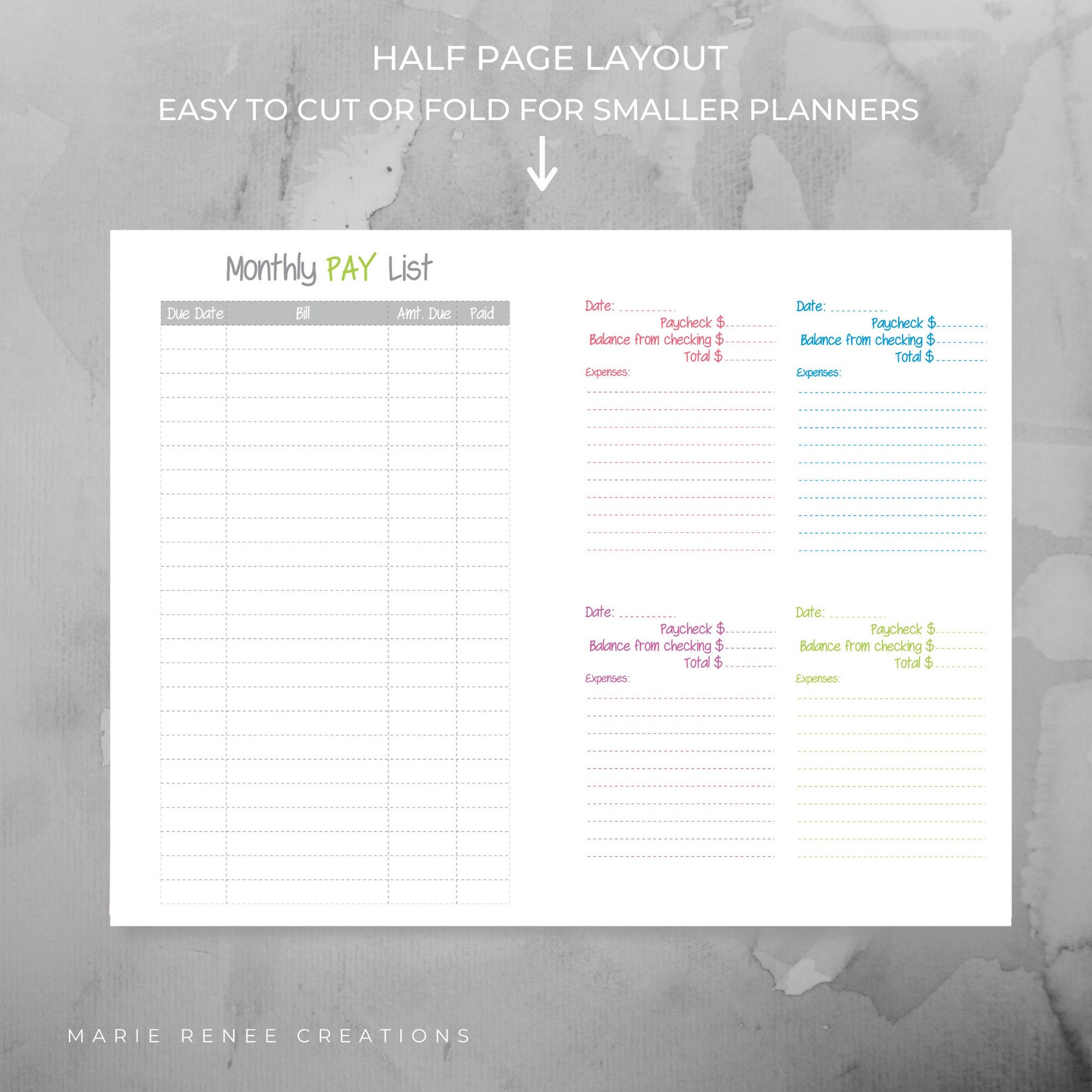 Monthly Pay List & Paycheck and Expenses - PLUS Bonus Half Page Size ...