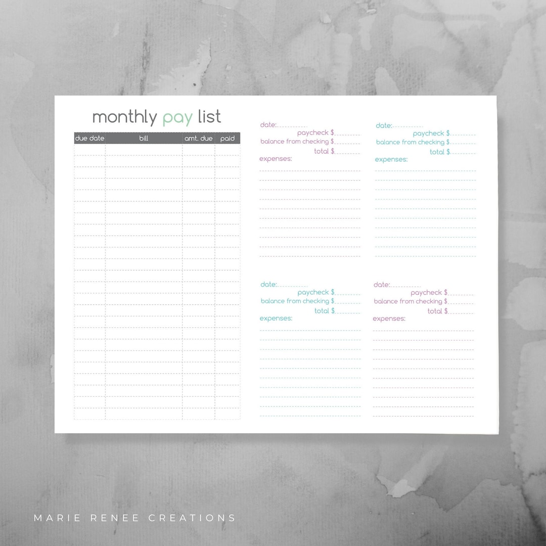 Monthly Pay List and Paycheck Expense Worksheet - Printable - With ...