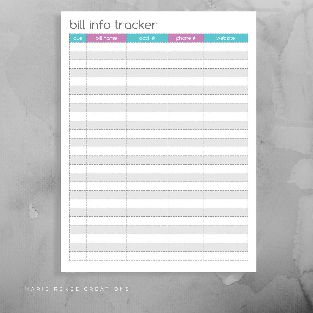 Bill Info Tracker - Bill Pay - Bill Organizing - Version 2 - Etsy