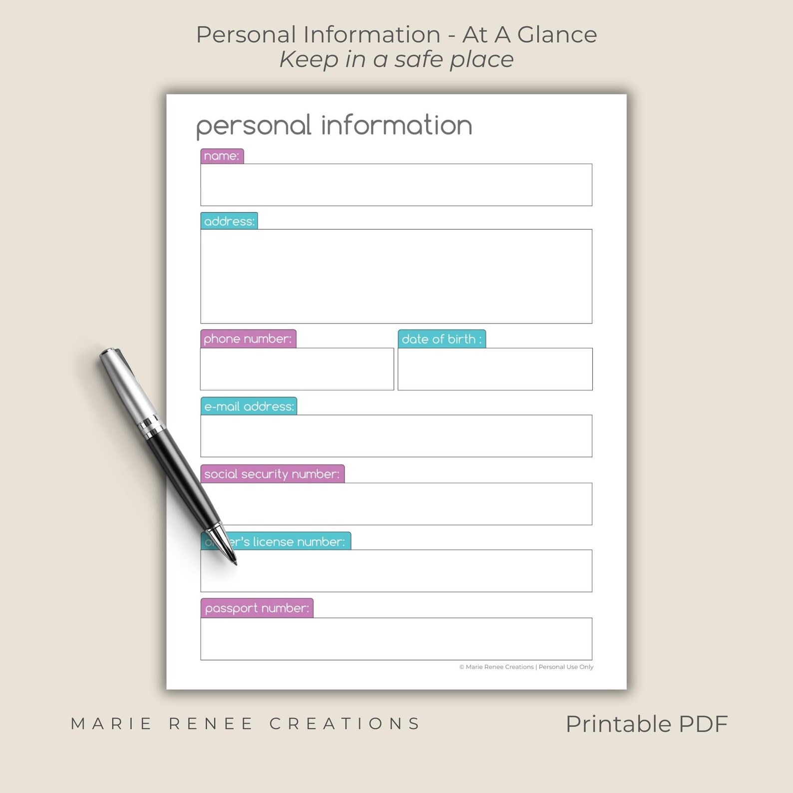 Personal Information Worksheet - Info Form Printable - Etsy