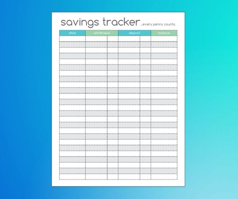 Savings Tracker Printable Register Teal and Green | Etsy