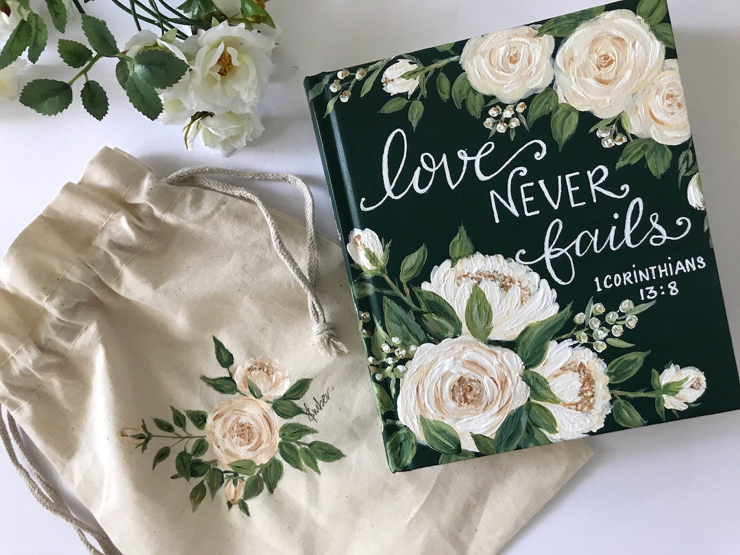 Hand Painted Wedding Bible Guest Book: Customizable; Floral Ivory Roses ...