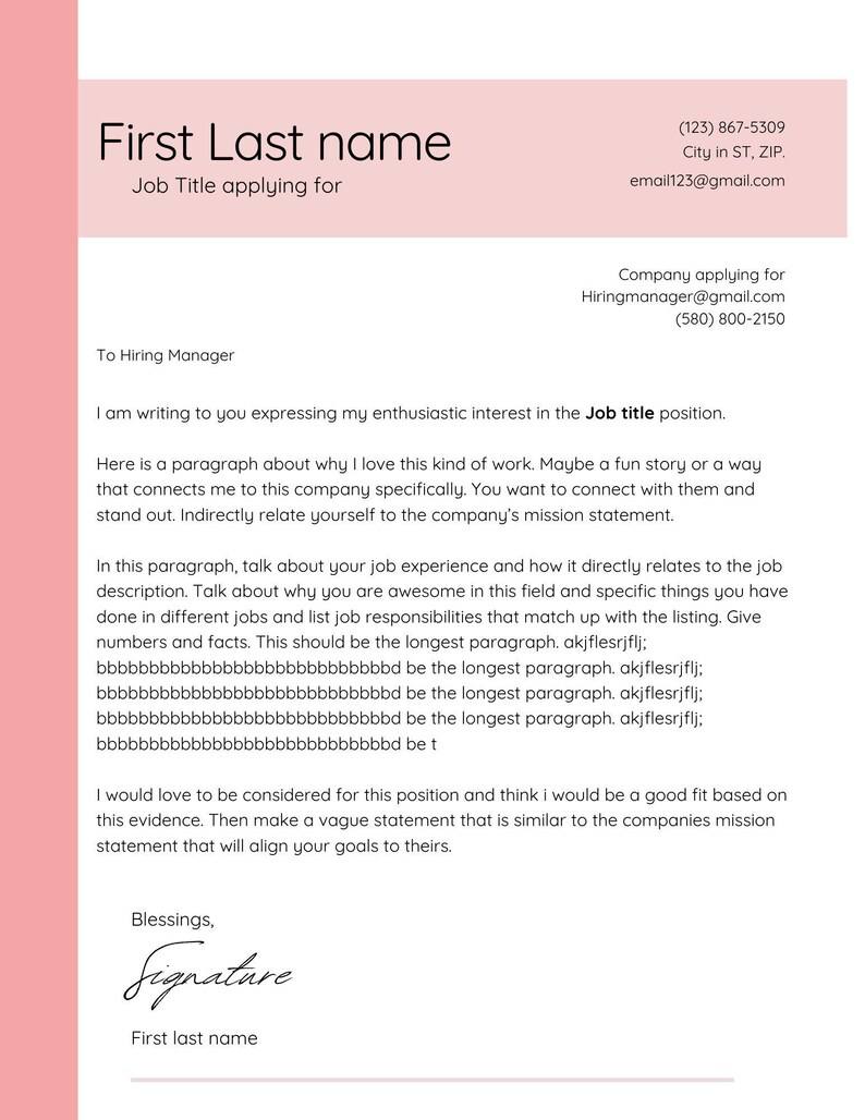 Pink Cover Letter Template - Etsy