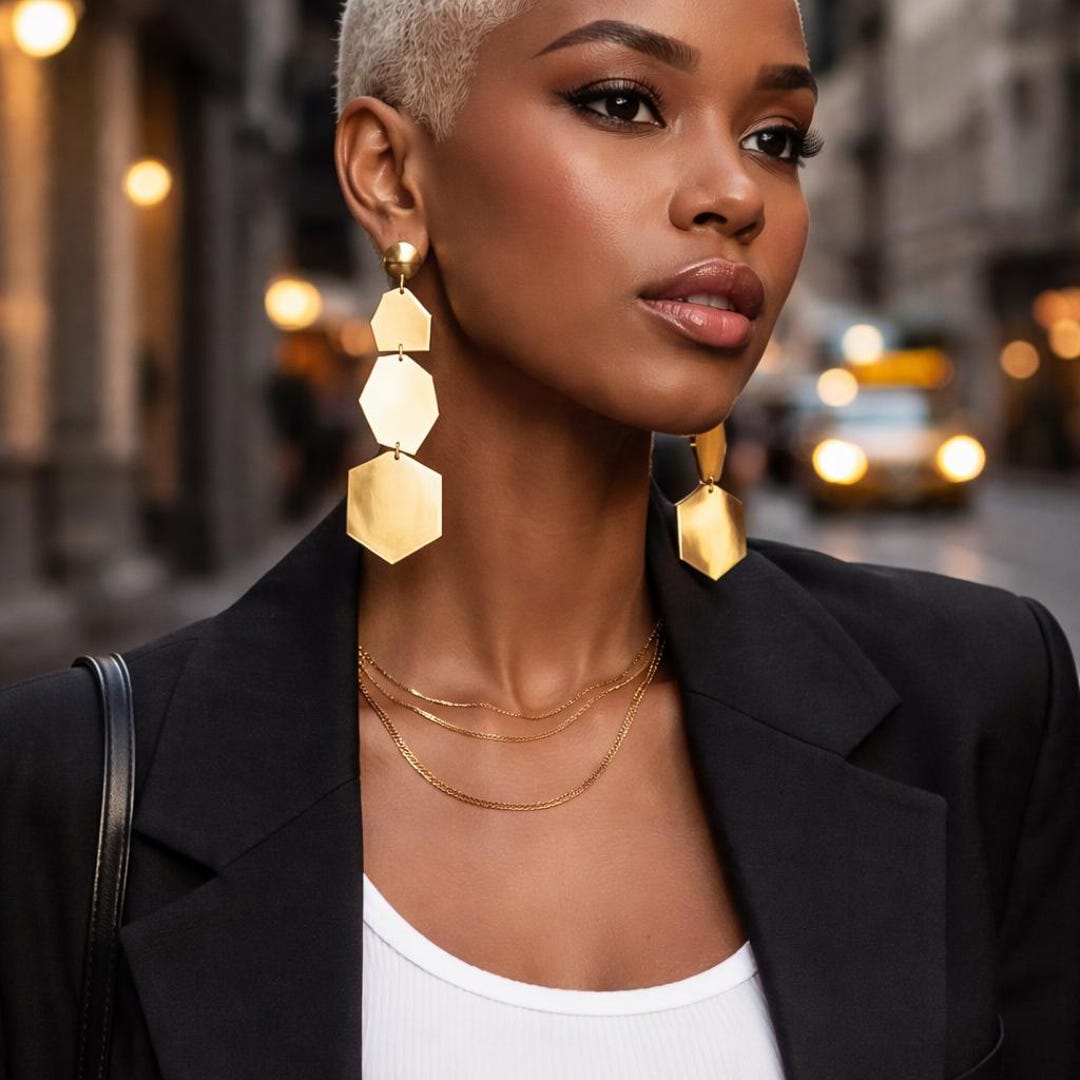 24K Gold Plated Geometric Statement Earrings – Shoulder-grazing Long ...