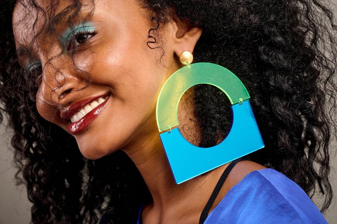 Big Colorful Earrings. Dangle Blue and Yellow Fluo Earrings. Unique Oversized Earrings - Etsy