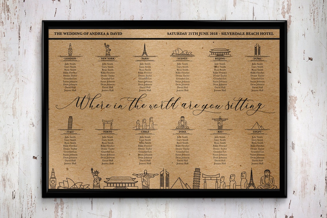 World Landmarks Wedding Theme Table Plan, Table Cards and Place Card ...