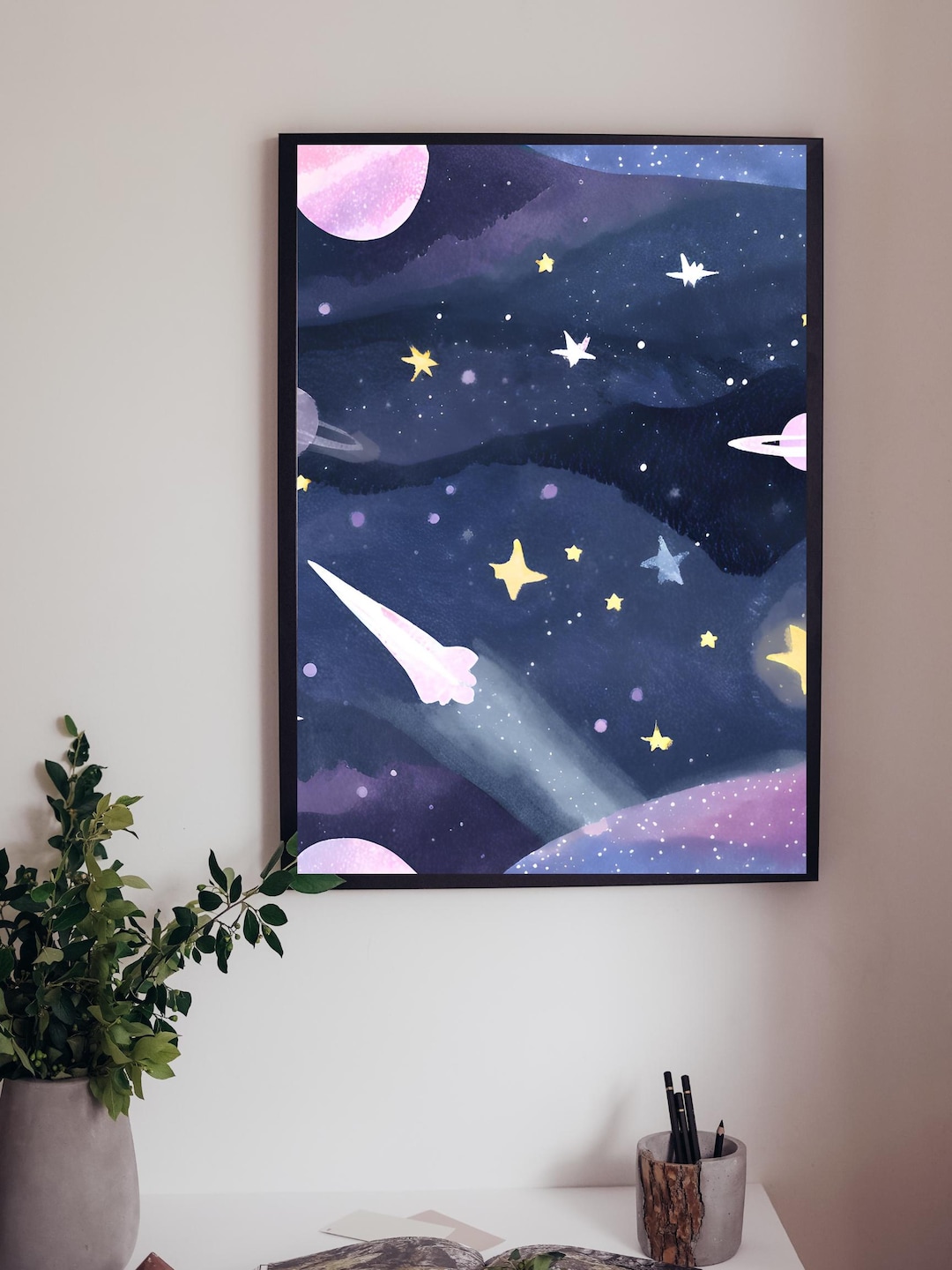 Watercolor Space Rocket, Physical Poster, Wall Art Print, Bedroom ...