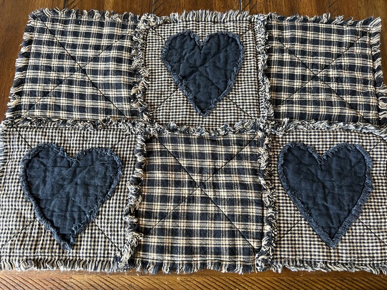 New Primitive Rag Quilt Homespun Black Tan Hearts Farmhouse - Etsy