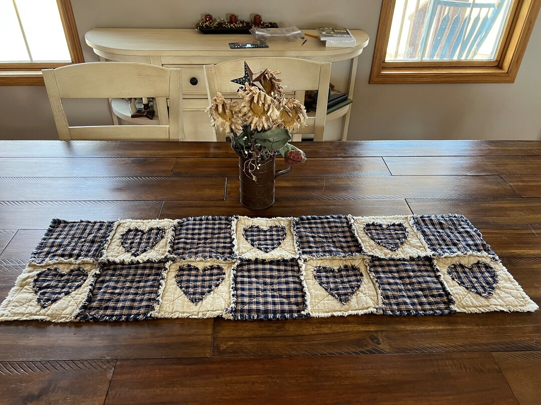 NEW Plaid Primitive Rag Quilt Table Runner Tan Navy Blue Hearts ...