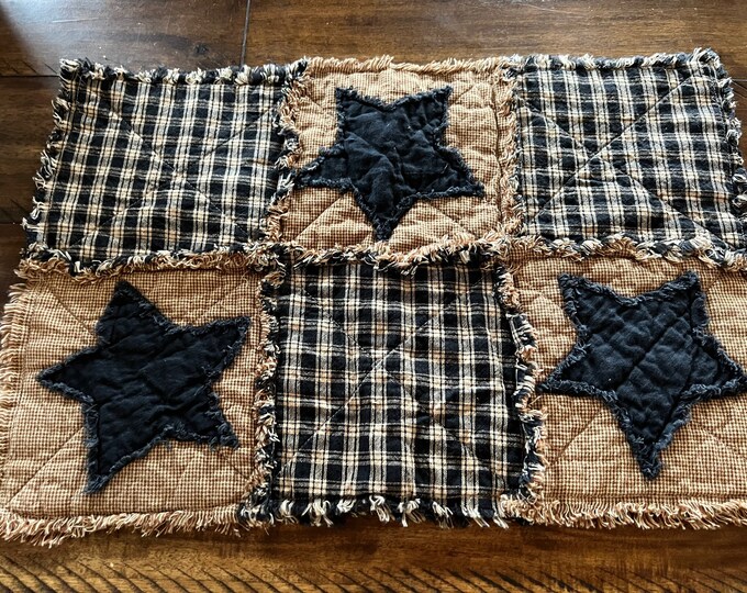 CLOSING SOON! New Primitive Rag Quilt Homespun Black Brown Tan Mustard ...