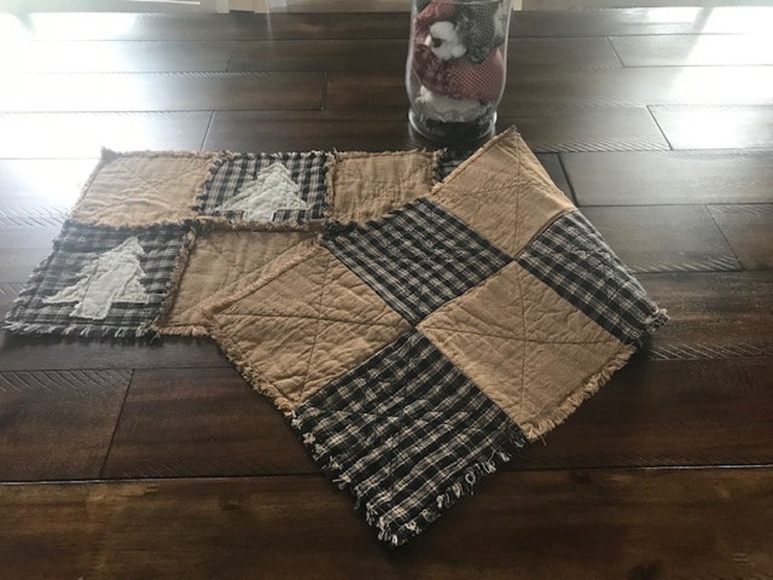 NEW Plaid Homespun Primitive Rag Quilt Table Runner Christmas Trees ...