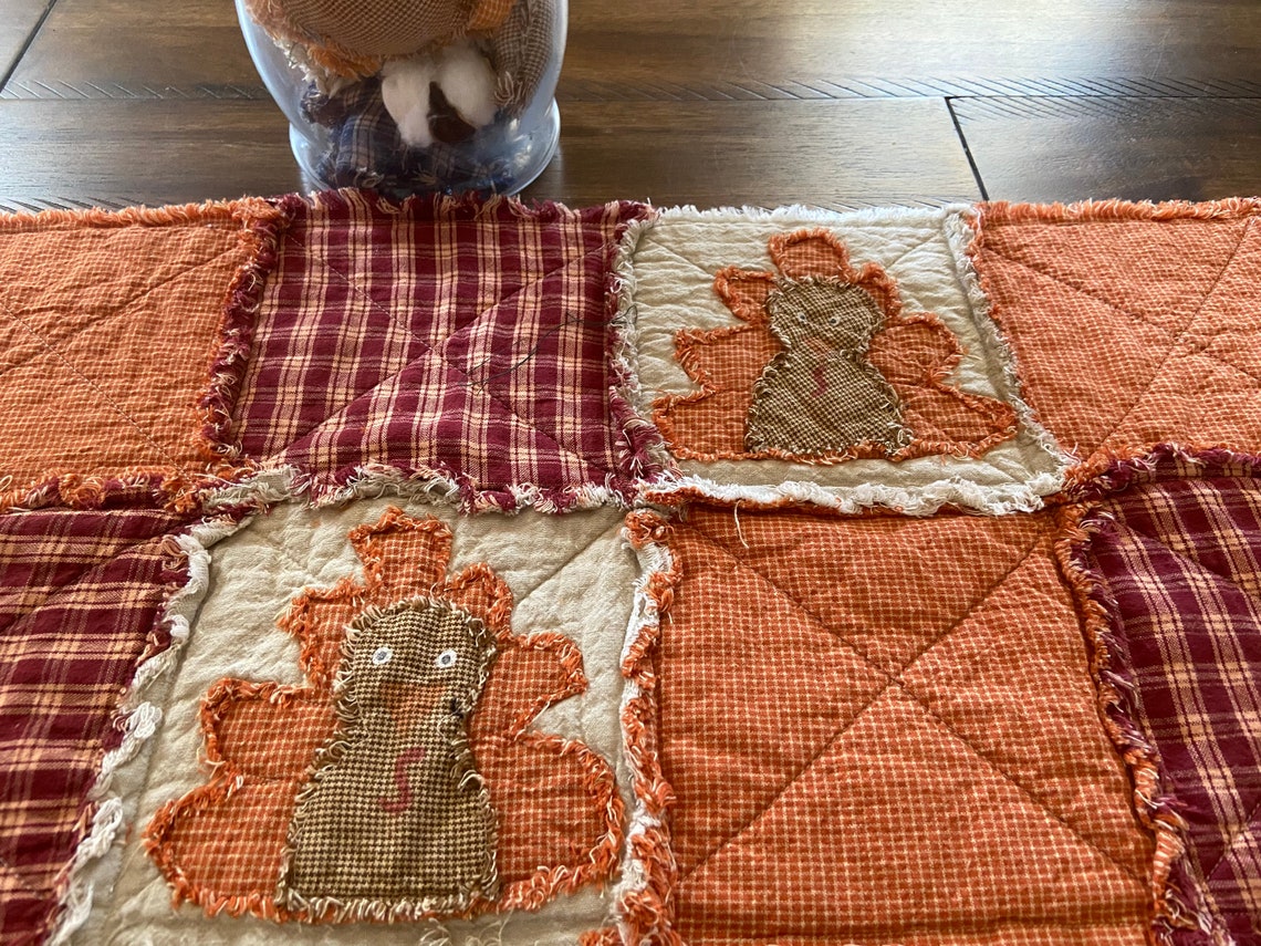 Plaid Homespun PriMiTivE Rag Quilt Table Runner Orange red | Etsy
