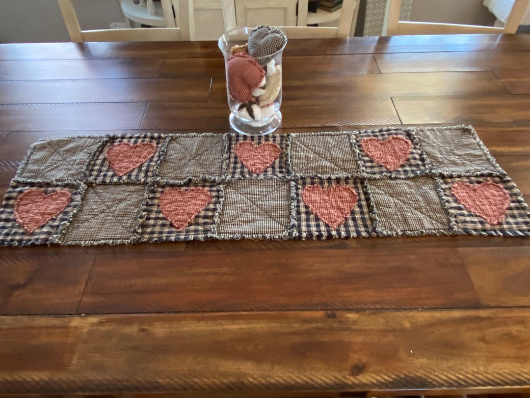 NEW Plaid Primitive Rag Quilt Table Runner Black Red Tan Hearts ...