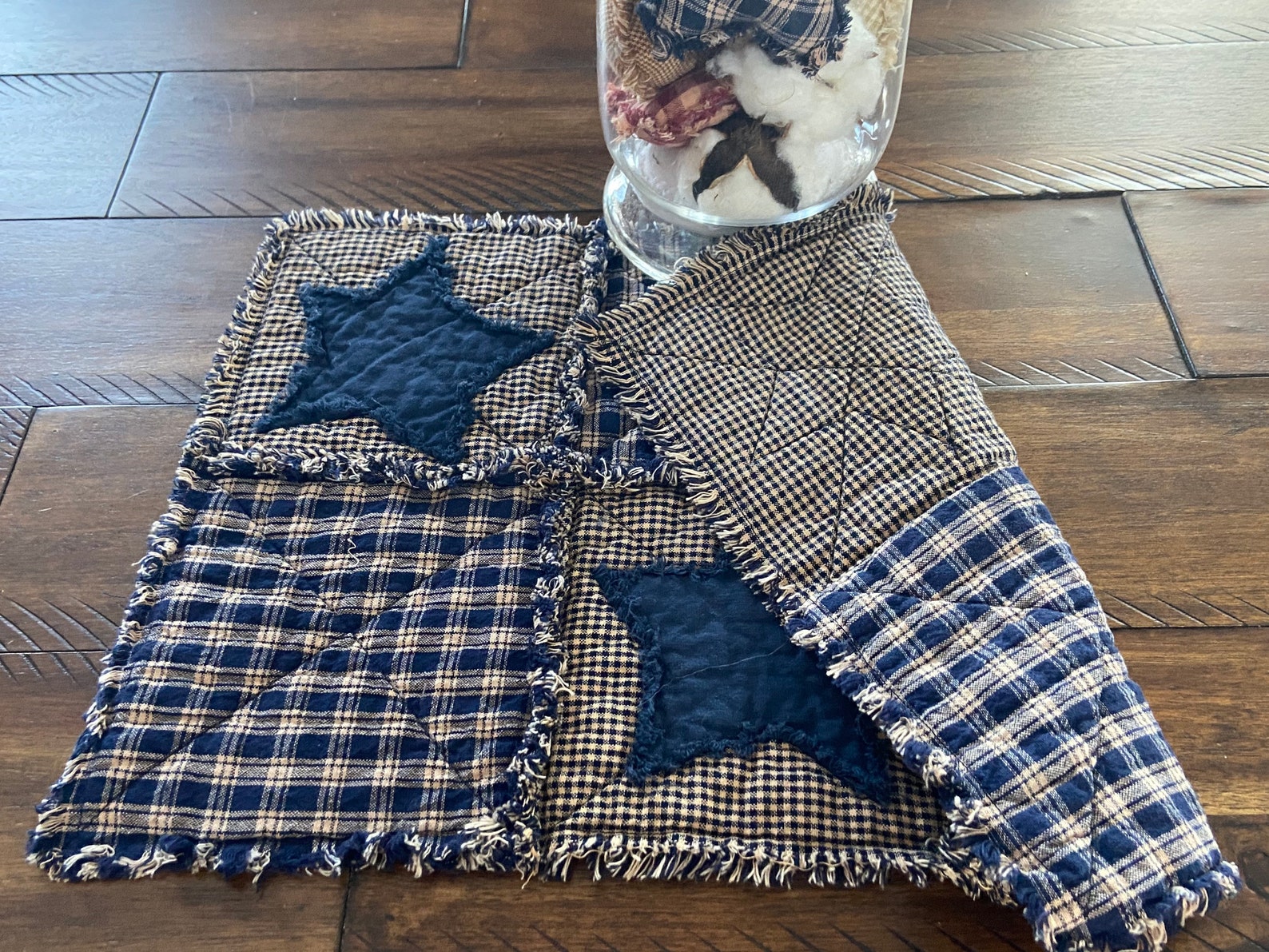 New Primitive Rag Quilt Homespun Navy Blue Tan Stars Plaid | Etsy