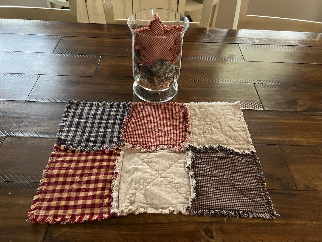 CLOSING SOON! Primitive Rag Quilt Homespun Placemats Place Mat Blue Red ...
