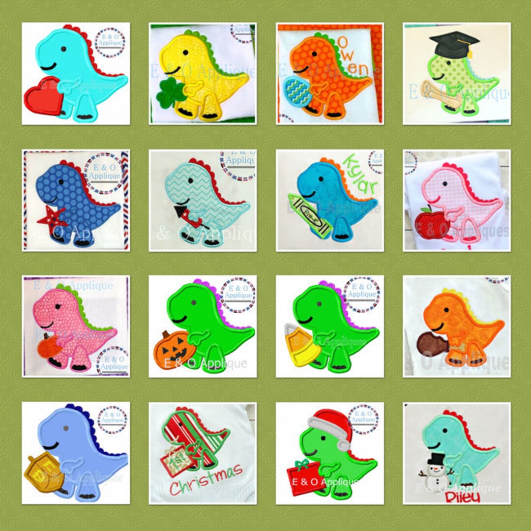 SET of 16!! Dino Holiday Applique Designs - Dino Christmas Applique ...