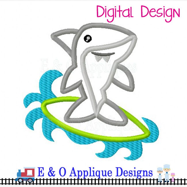Shark Applique Design - Surfer Applique Design - Shark Embroidery ...