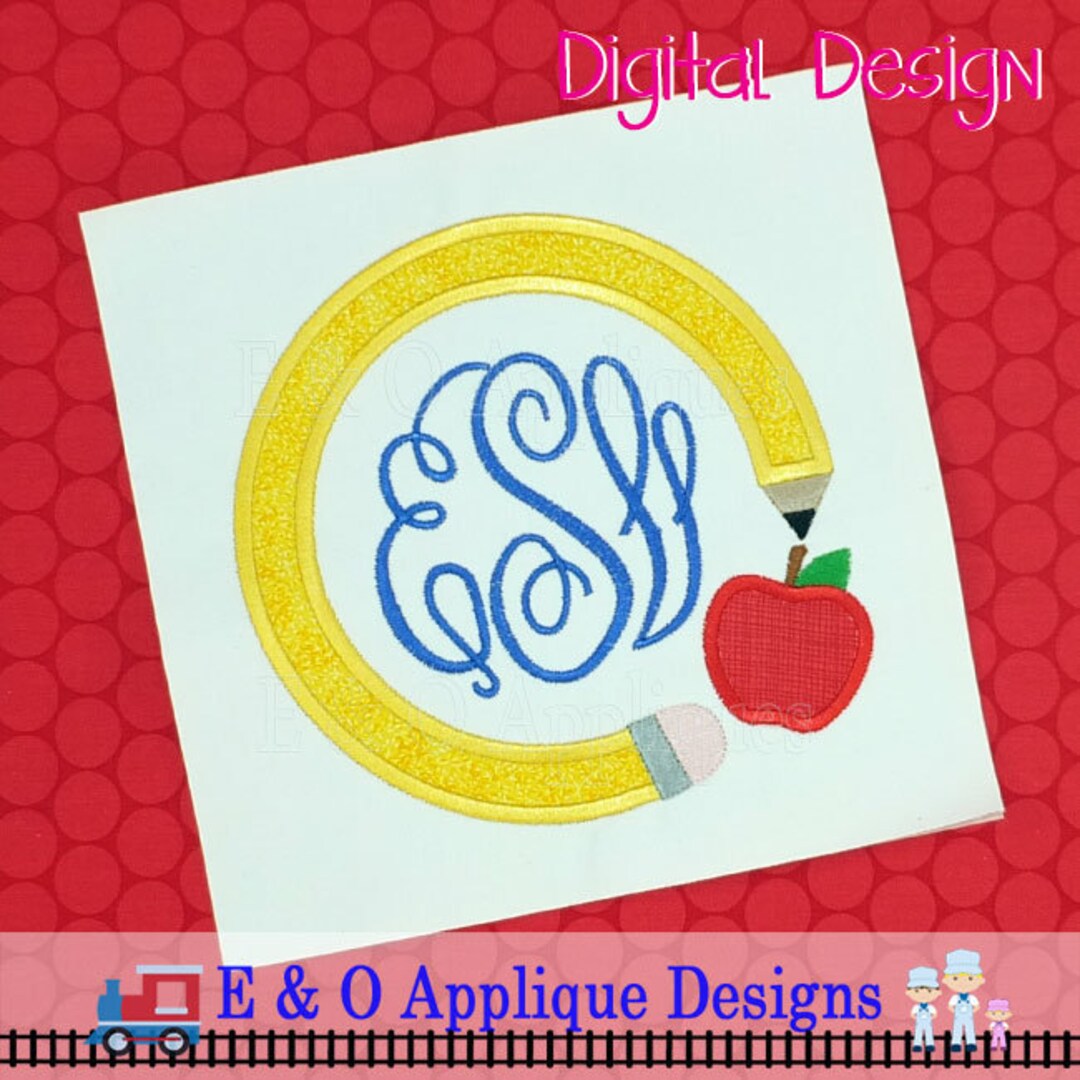Back to School Pencil Apple Monogram Frame Applique Design - 6 Sizes ...