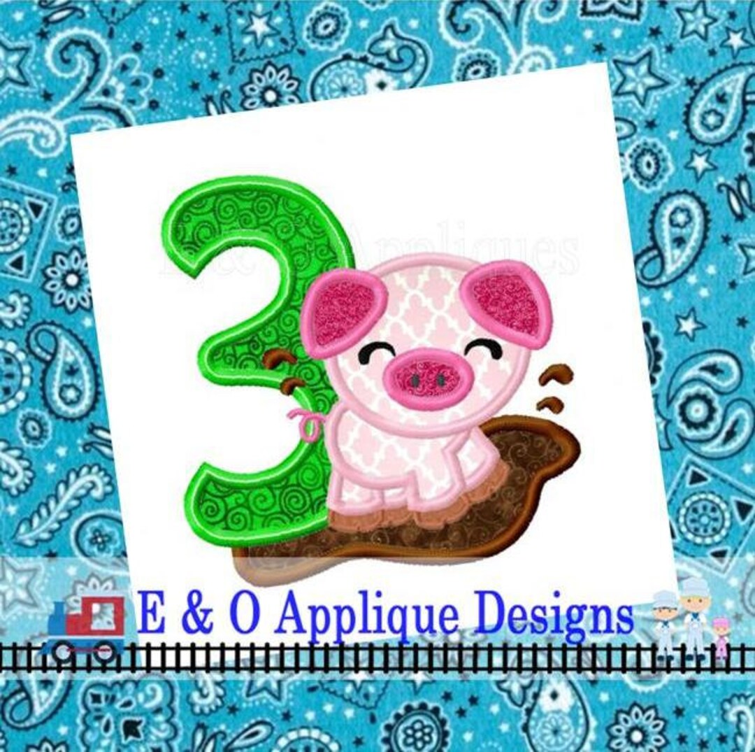 3rd Birthday Pig Digital Design - Machine Embroidery Design - Applique ...