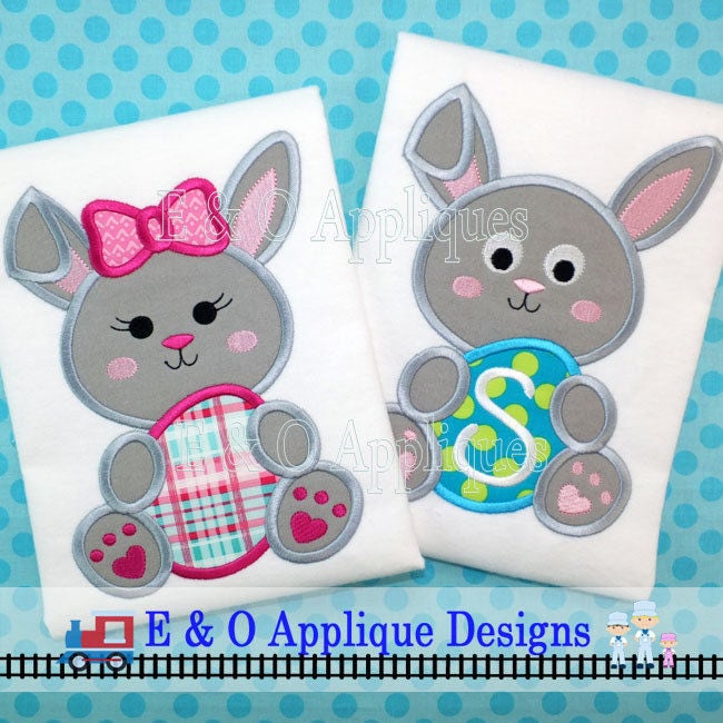 Girl and Boy Bunny Egg Applique Design - Bunny Applique Design - Easter ...