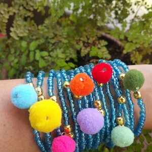 Pom Pom Bracelet, Boho Bracelet, Stackable Bracelet, Blue Jewelry, Poms ...