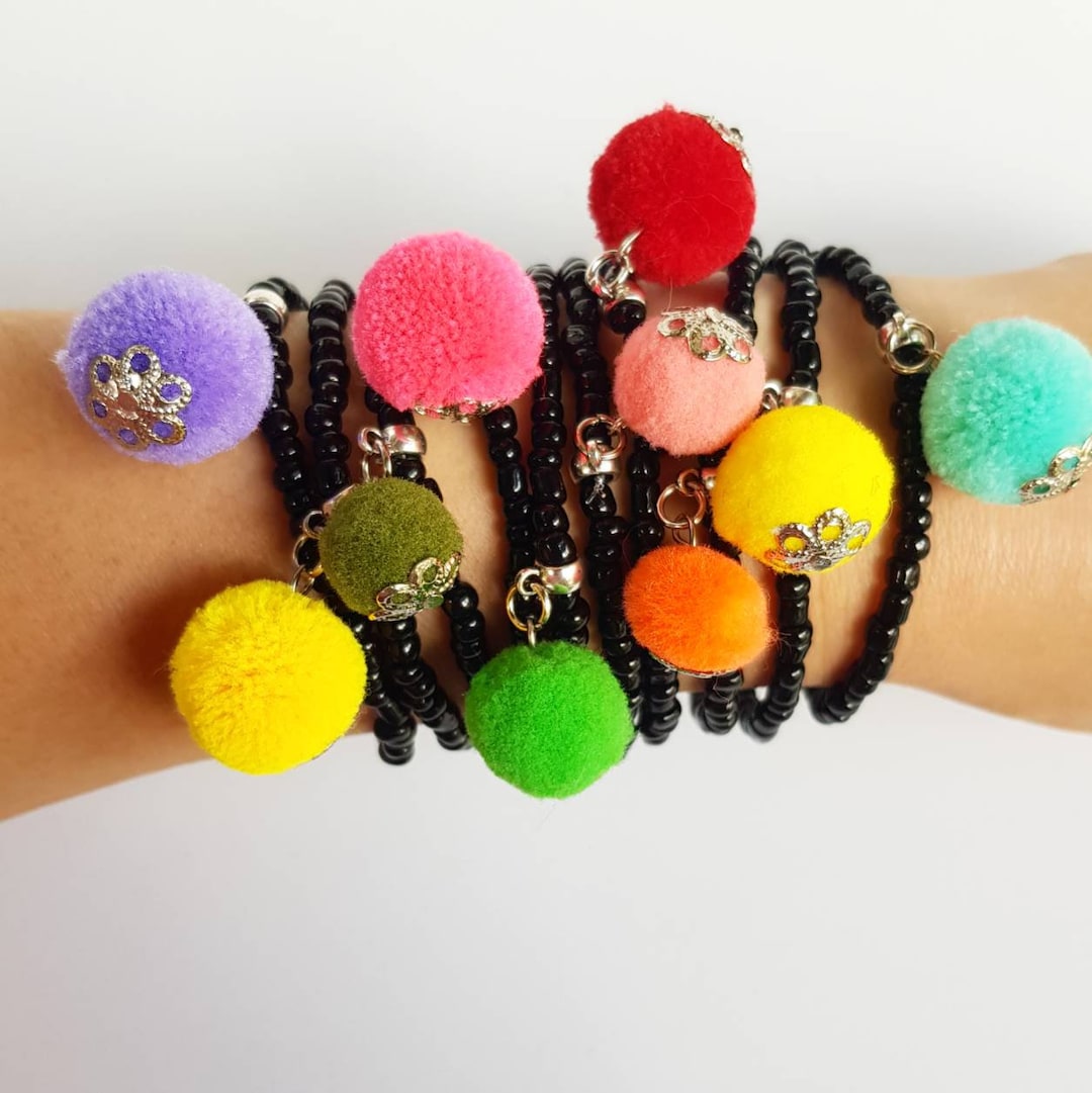 Pom Pom Bracelet, Boho Bracelet, Stackable Bracelet, Black Jewelry ...