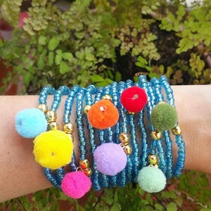 Pom Pom Bracelet, Boho Bracelet, Stackable Bracelet, Blue Jewelry, Poms ...