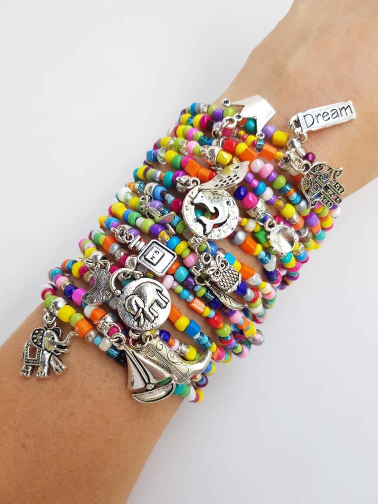 Silver Charm Bracelet Friendship Bracelet Colourful Beaded - Etsy