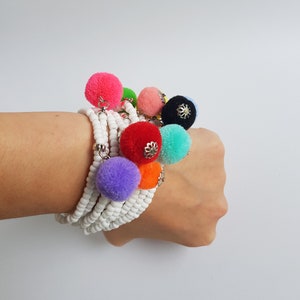 Pom Pom Bracelet, Boho Bracelet, Stackable Bracelet, White Jewelry ...