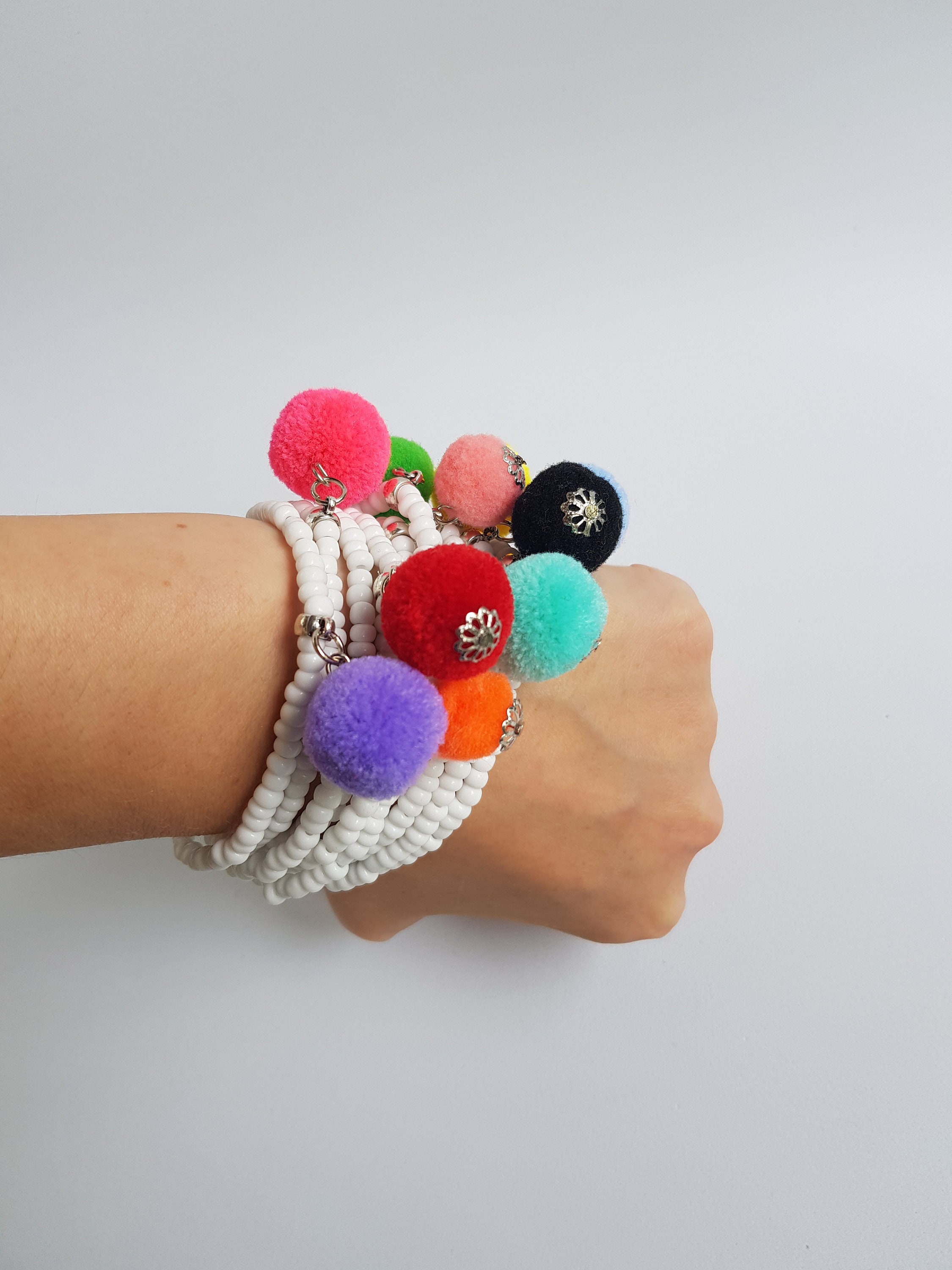 Pom Pom Bracelet Boho Bracelet Stackable Bracelet White - Etsy