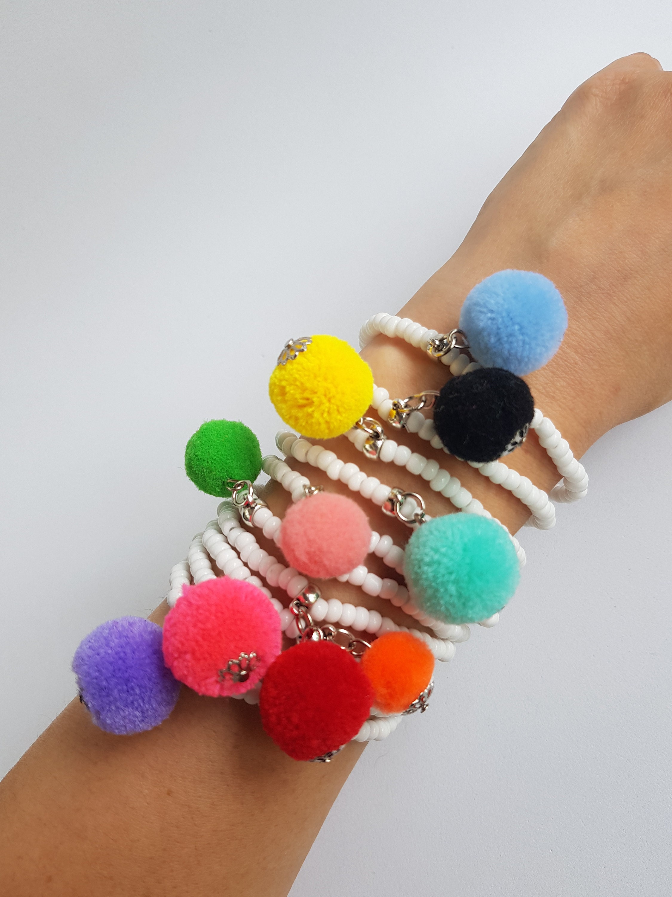 Pom Pom Bracelet Boho Bracelet Stackable Bracelet White - Etsy