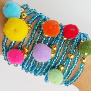 Pom Pom Bracelet, Boho Bracelet, Stackable Bracelet, Blue Jewelry, Poms ...