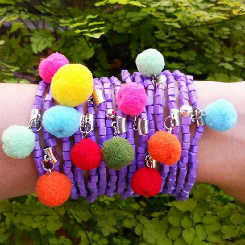 Pom Pom Bracelet Boho Bracelet Stackable Bracelet Purple - Etsy