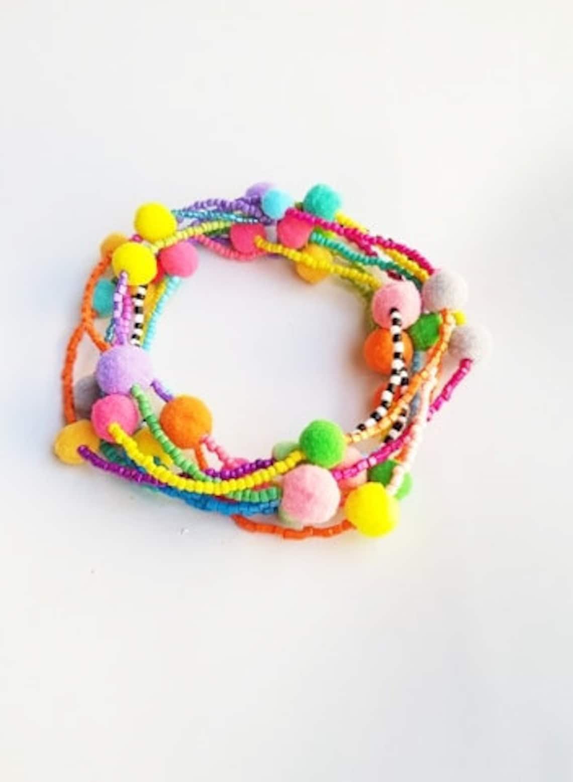 Extra Long Pom Pom Necklace Pompom Ponpon Pon Pon Beaded - Etsy