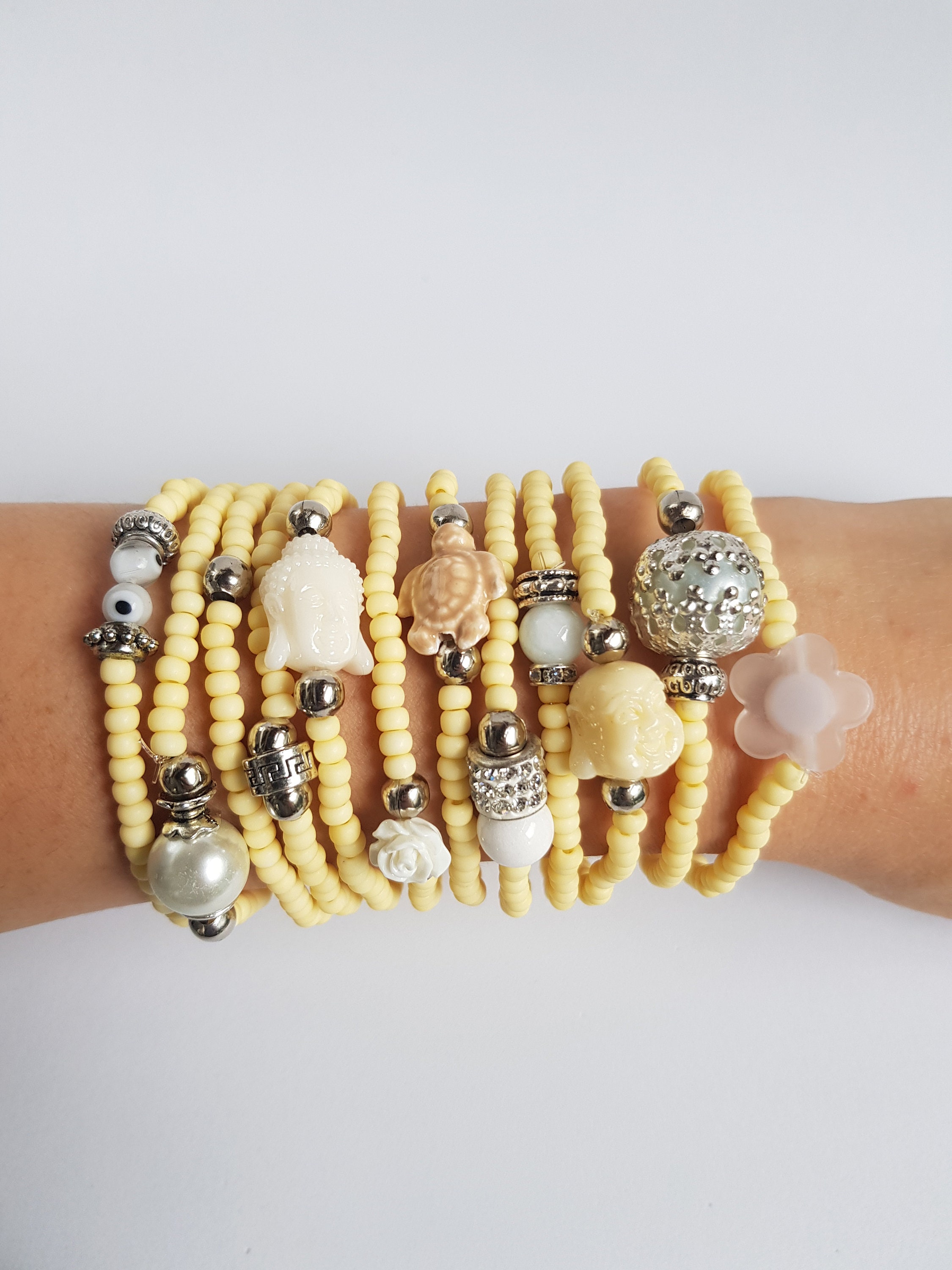 White Buddha Yellow Beaded Bracelets Layering Bracelets - Etsy
