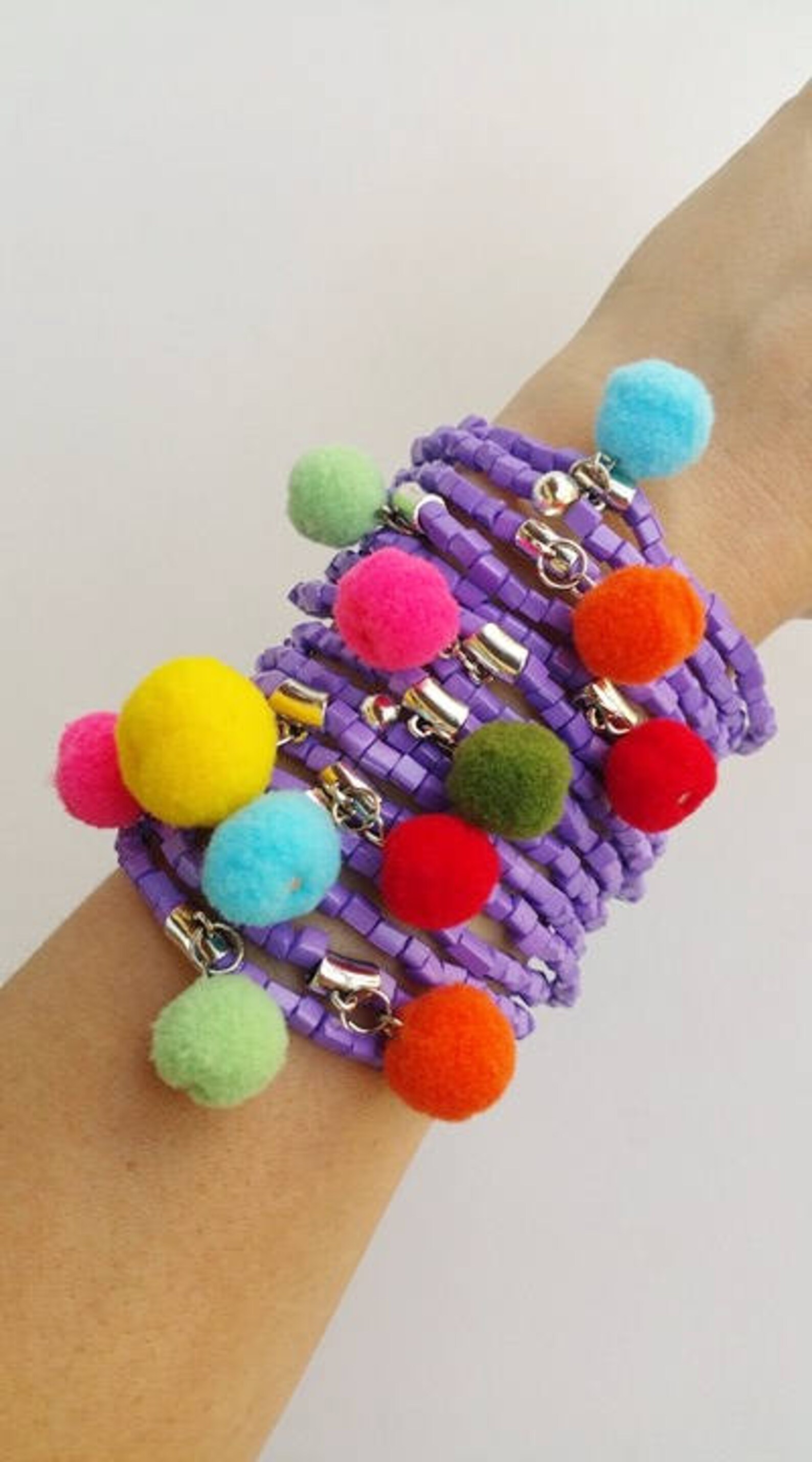 Pom Pom Bracelet Boho Bracelet Stackable Bracelet Purple - Etsy