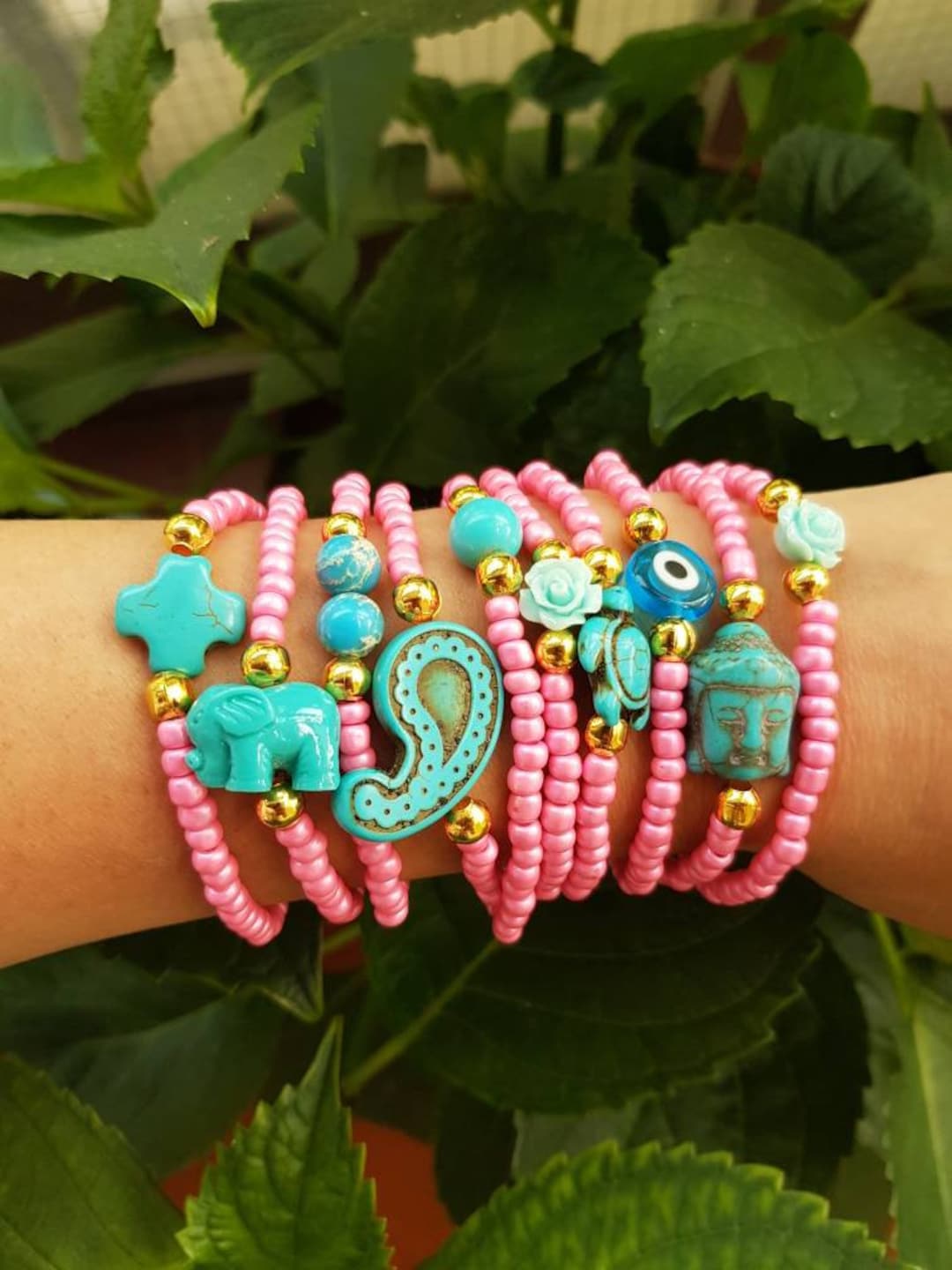 10 Bracelet Set - Pink Friendship Bracelets - Boho Chic Summer - Buddha ...