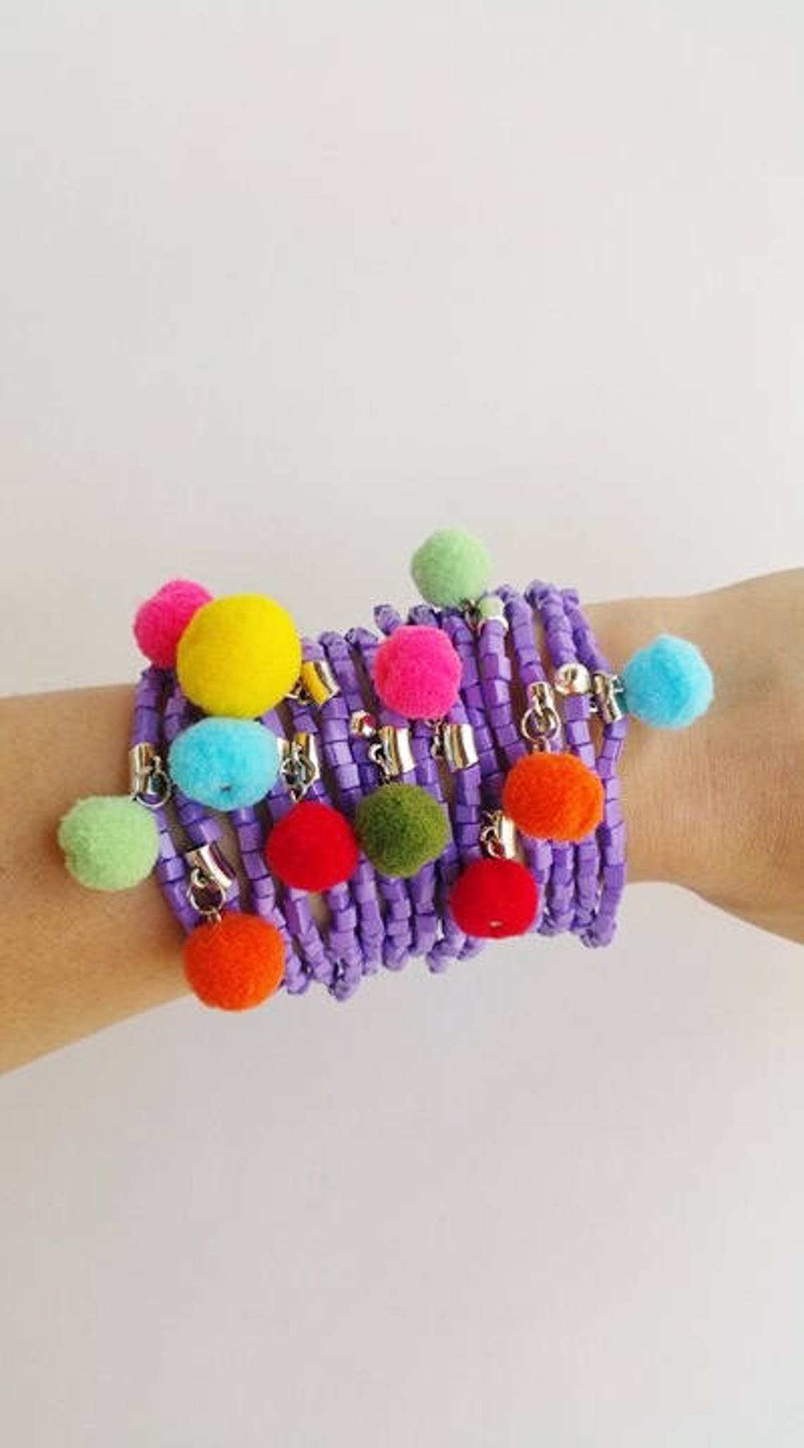Pom Pom Bracelet Boho Bracelet Stackable Bracelet Purple - Etsy