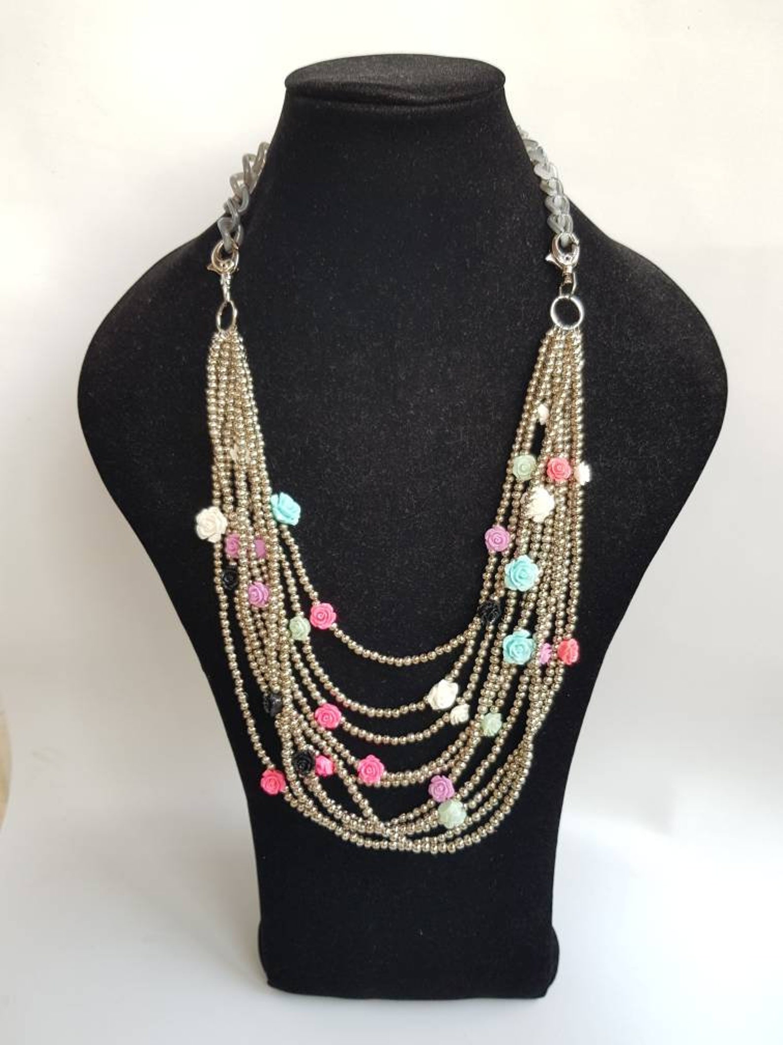 Maxi Necklace - Layering Necklace - Silver Flower Neckart - Multilayer ...