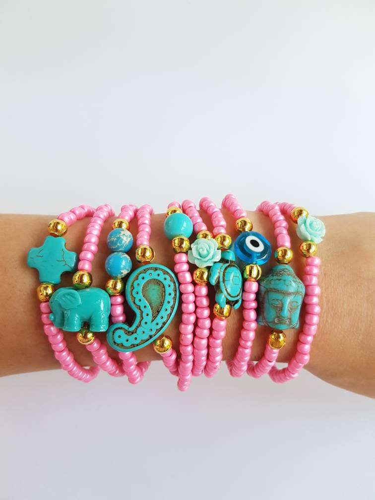 10 Bracelet Set - Pink Friendship Bracelets - Boho Chic Summer - Buddha ...