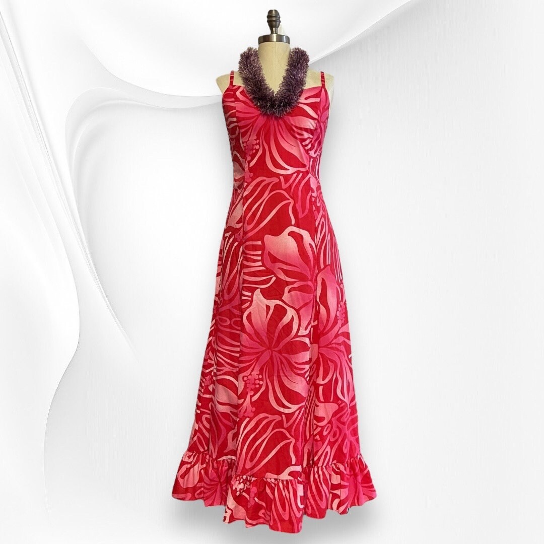 Robe longue hawaïenne Muumuu Robe hula rouge Hibiscus Petite à ...