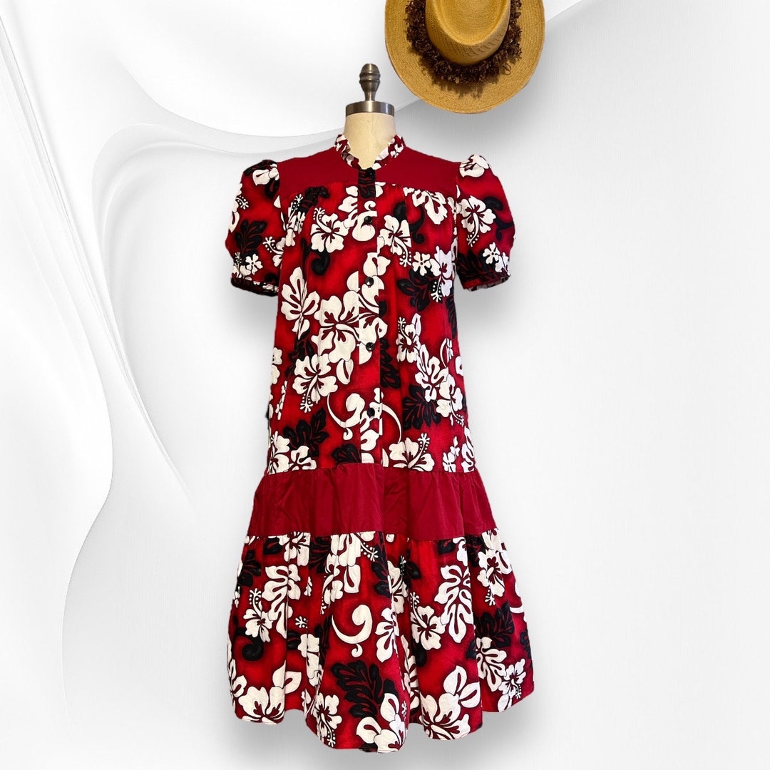Vintage Hawaiian Muumuu Shortie Dress Size Large White Hibiscus Red ...