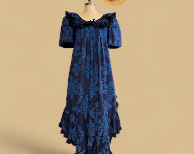 Vintage Hawaiian Muumuu Dress Ulu Breadfruit Print Blue Ruffles Size 10 ...
