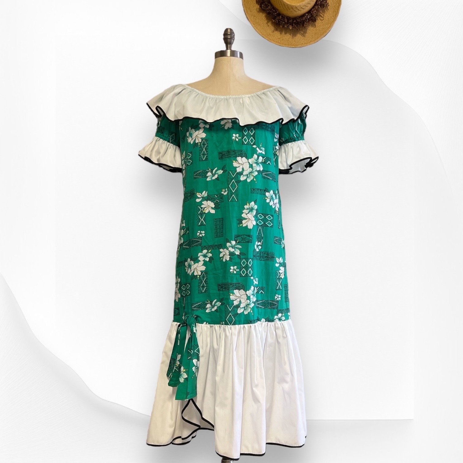 Hawaiian Muumuu Dress off the Shoulder Hibiscus Green Size - Etsy